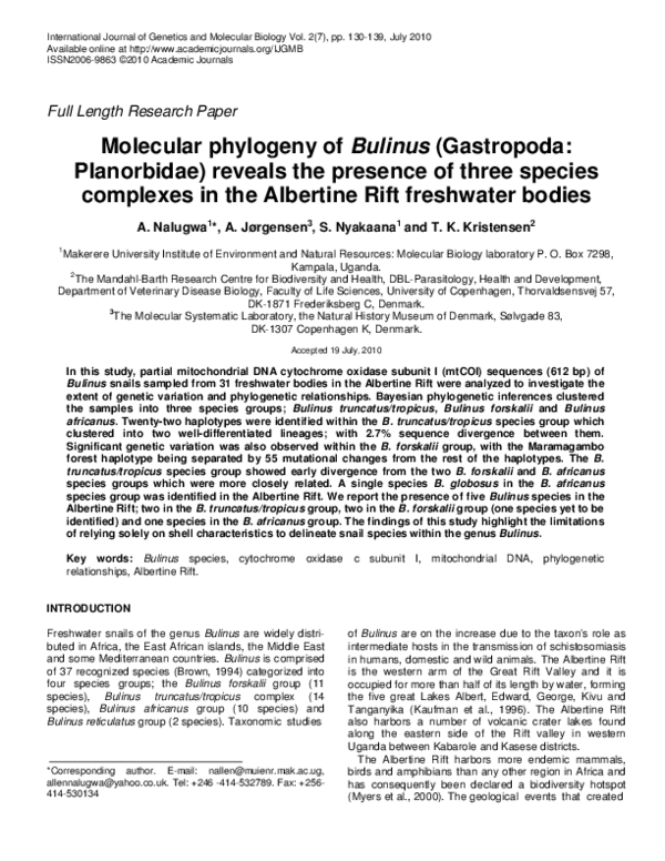 (PDF) Molecular phylogeny of Bulinus (Gastropoda: Planorbidae) reveals ...
