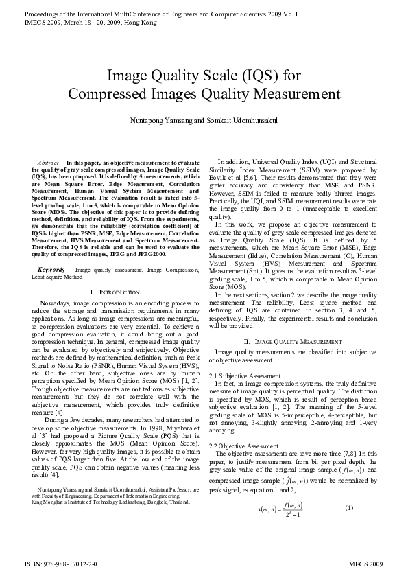 (PDF) Image Quality Scale ( IQS ) for Compressed Images Quality Measurement