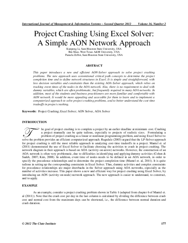 (PDF) Project Crashing Using Excel Solver: A Simple AON Network Approach
