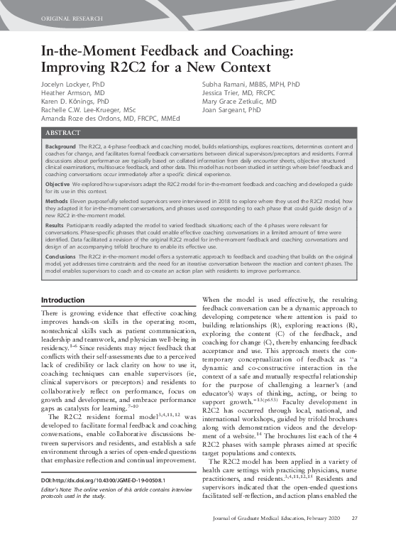 (PDF) In-the-Moment Feedback and Coaching: Improving R2C2 for a New Context
