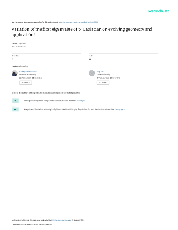 (PDF) Variation of the first eigenvalue of p-Laplacian on evolving geometry and applications