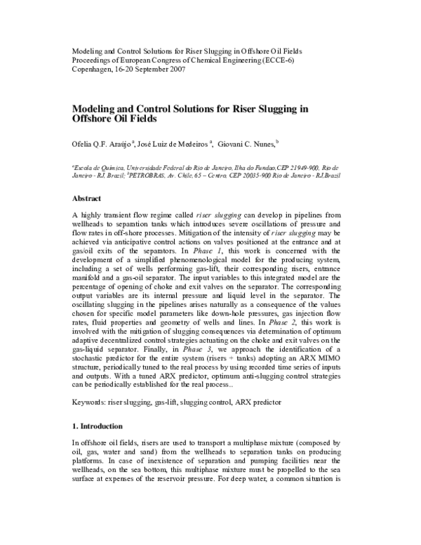 (PDF) Modeling and Control Solutions for Riser Slugging in Offshore Oil ...
