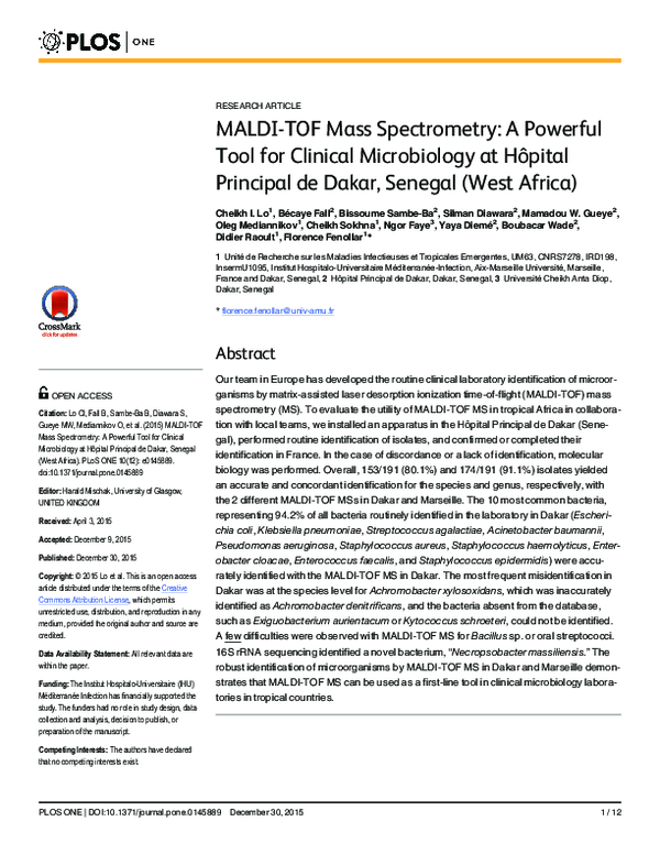 (PDF) MALDI-TOF Mass Spectrometry: A Powerful Tool for Clinical Microbiology at Hôpital ...