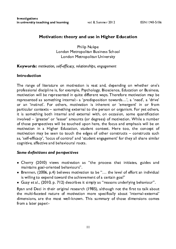(PDF) Motivation: theory and use in Higher Education