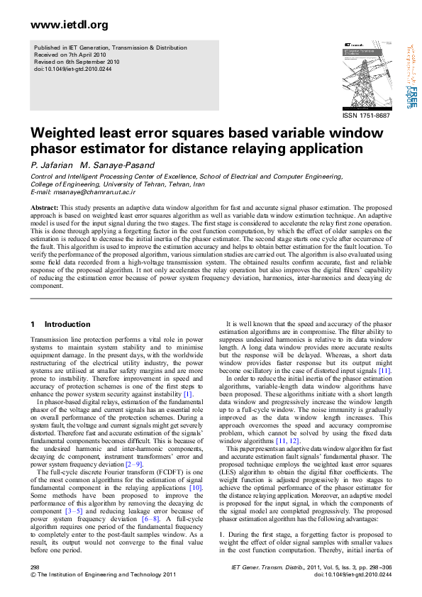 (PDF) Weighted least error squares based variable window phasor estimator for distance relaying ...