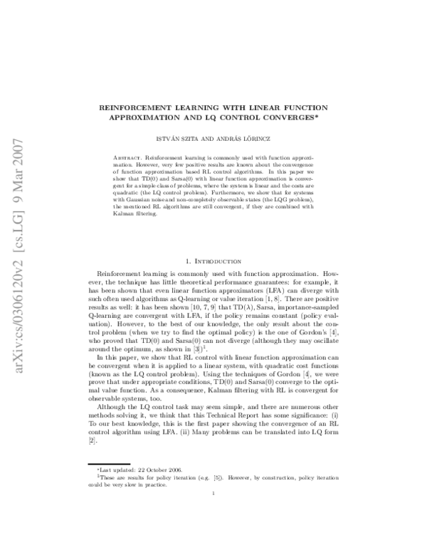 (PDF) Reinforcement learning with linear function approximation and LQ ...
