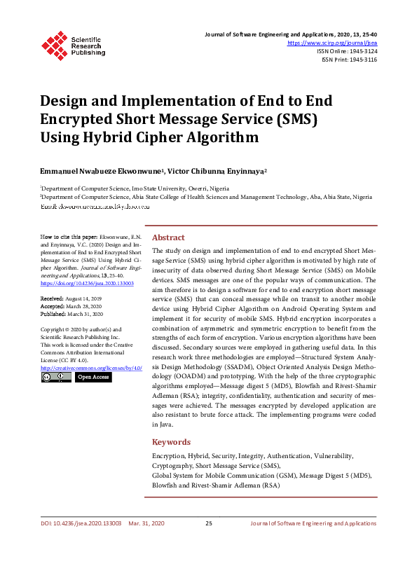(PDF) Design and Implementation of End to End Encrypted Short Message Service (SMS) Using Hybrid ...