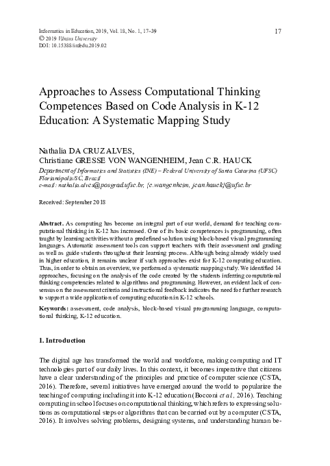 (PDF) Approaches to Assess Computational Thinking Competences Based on Code Analysis in K-12 ...