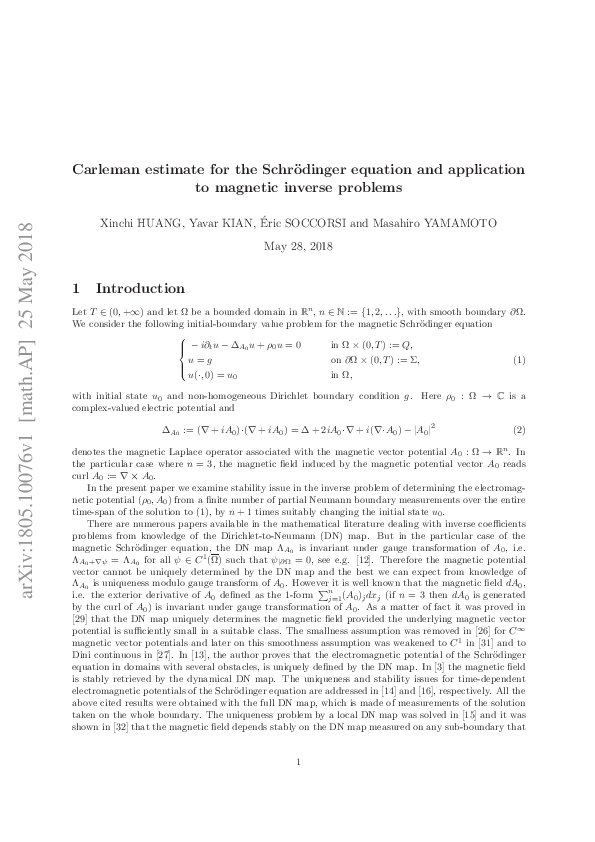 (PDF) Carleman estimate for the Schrödinger equation and application to magnetic inverse problems