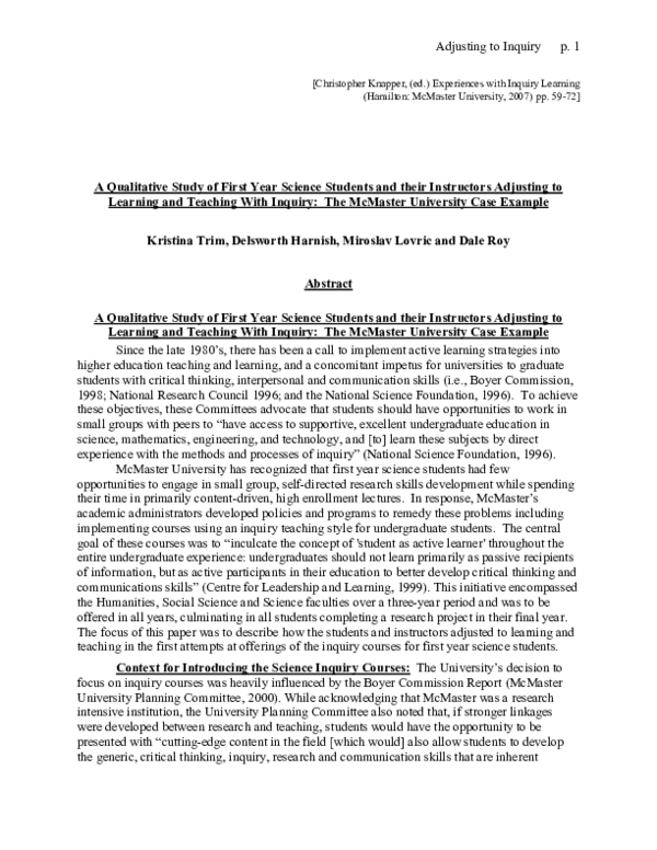 (PDF) A Qualitative Study of First Year Science Students and their ...