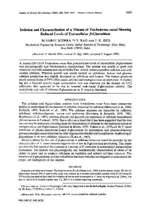 (PDF) Isolation and Characterization of a Mutant of Trichoderma reesei Showing Reduced Levels of ...