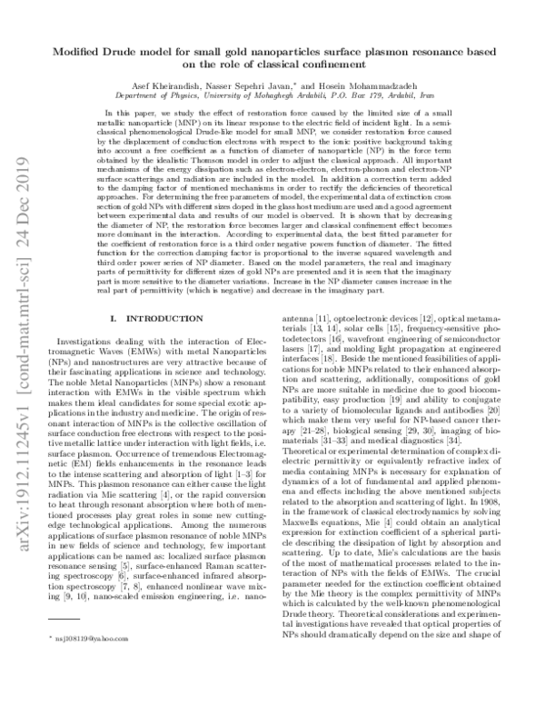 (PDF) Modified Drude model for small gold nanoparticles surface plasmon ...