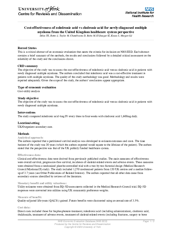 (PDF) Cost-effectiveness of zoledronic acid vs clodronic acid for newly ...