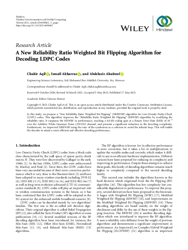 (PDF) A New Reliability Ratio Weighted Bit Flipping Algorithm for Decoding LDPC Codes