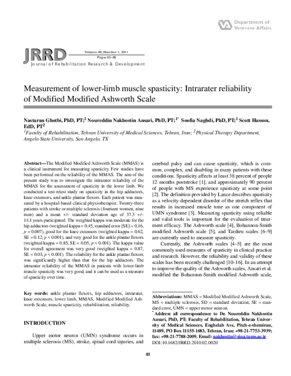 (PDF) Measurement of lower-limb muscle spasticity: Intrarater ...