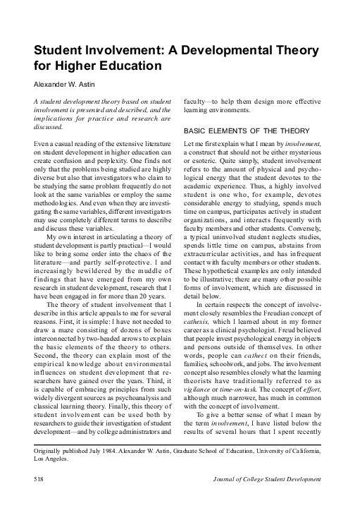 (PDF) Student involvement: A developmental theory for higher education