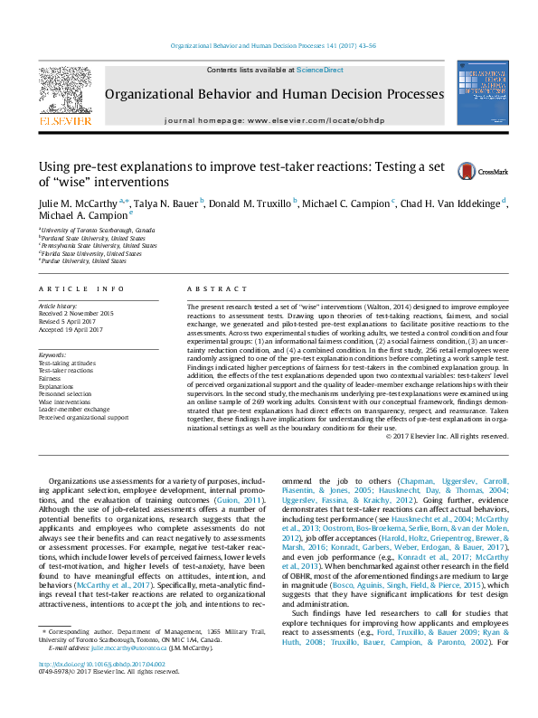 Pdf Using Pre Test Explanations To Improve Test Taker Reactions Testing A Set Of Wise