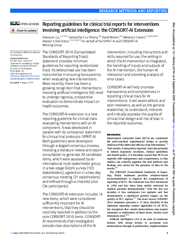 Pdf Reporting Guidelines For Clinical Trial Reports For Interventions Involving Artificial
