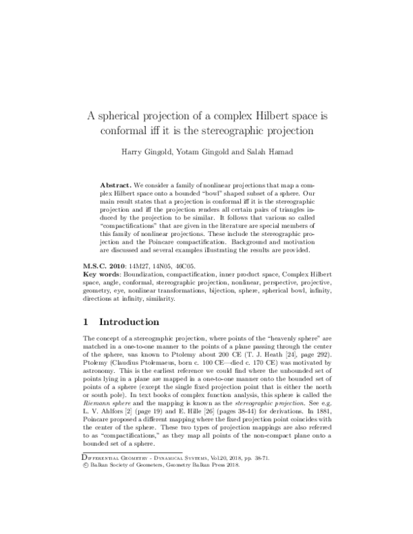 (PDF) A spherical projection of a complex Hilbert space is conformal ...