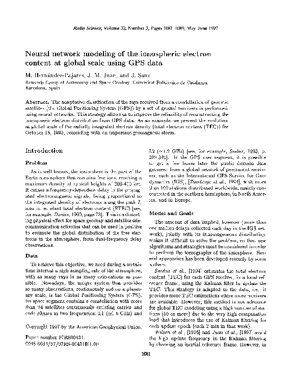 Pdf Neural Network Modeling Of The Ionospheric Electron Content At Global Scale Using Gps Data