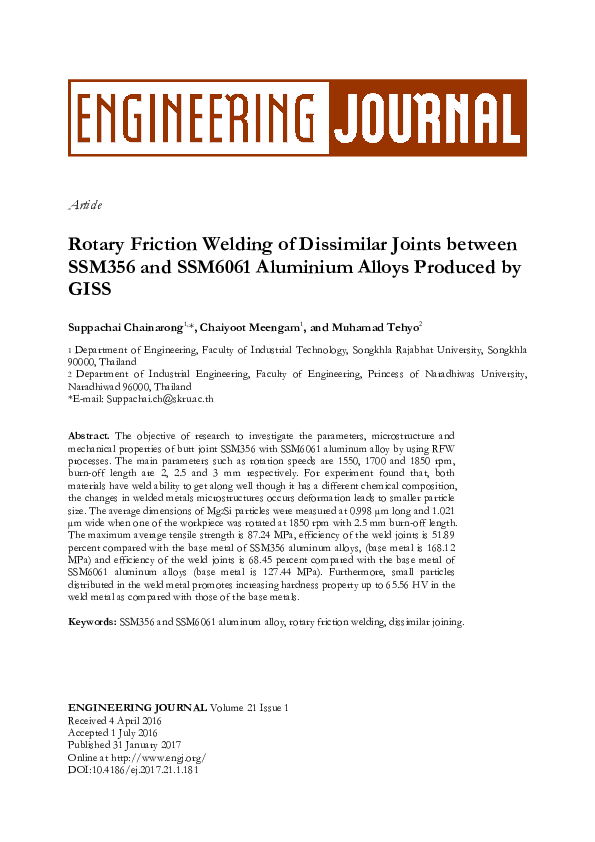 (PDF) Rotary Friction Welding of Dissimilar Joints between SSM356 and ...