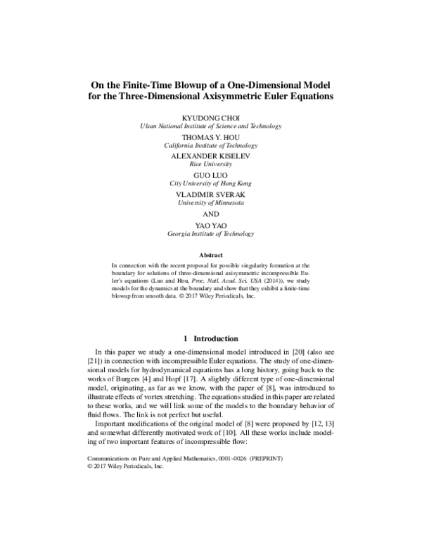Pdf On The Finite Time Blowup Of A One Dimensional Model For The Three Dimensional