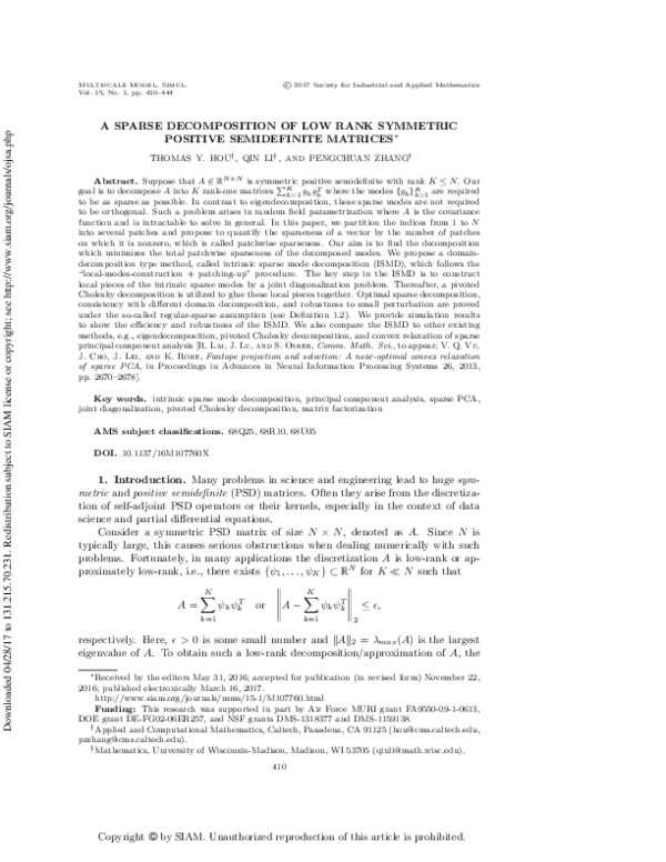 Pdf Sparse Decomposition Of Low Rank Matrices
