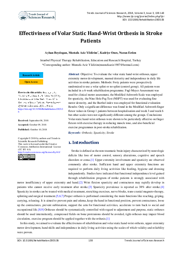 (PDF) Effectiviness of Volar Static Hand-Wrist Orthesis in Stroke Patients