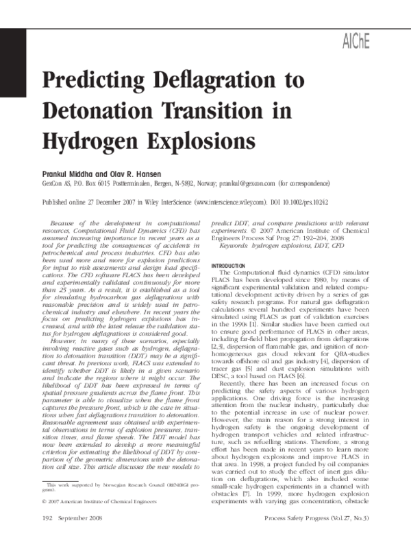 (PDF) Predicting deflagration to detonation transition in hydrogen explosions