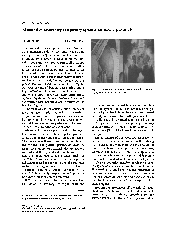 (PDF) Abdominal colposacropexy as a primary operation for massive ...