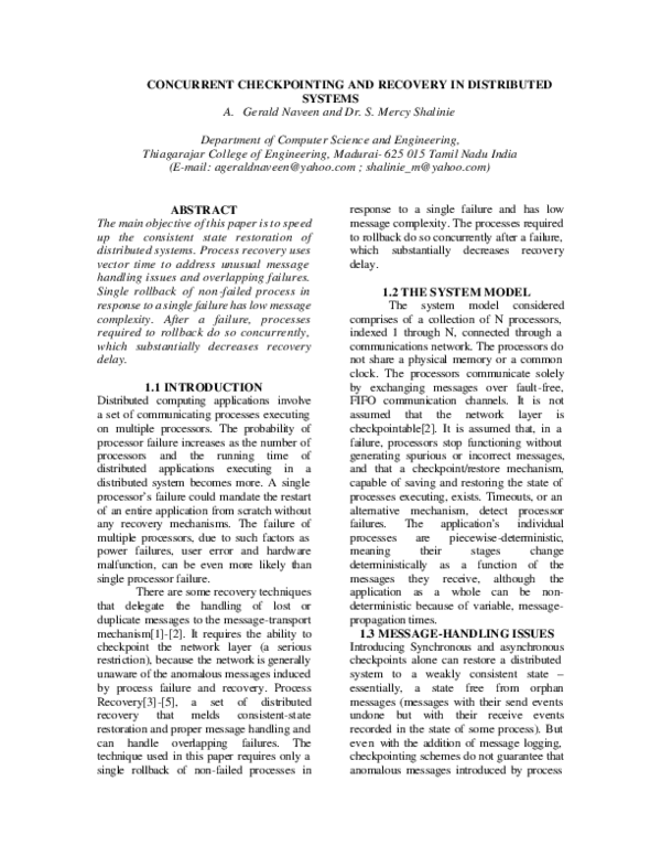 (PDF) Concurrent Checkpointing and Recovery in Distributed Systems