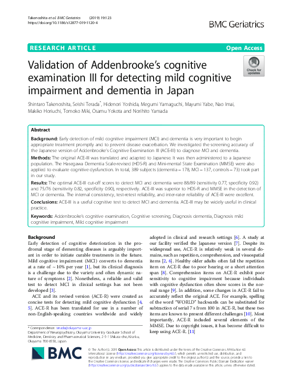 (PDF) Validation of the Addenbrooke's Cognitive Examination for ...