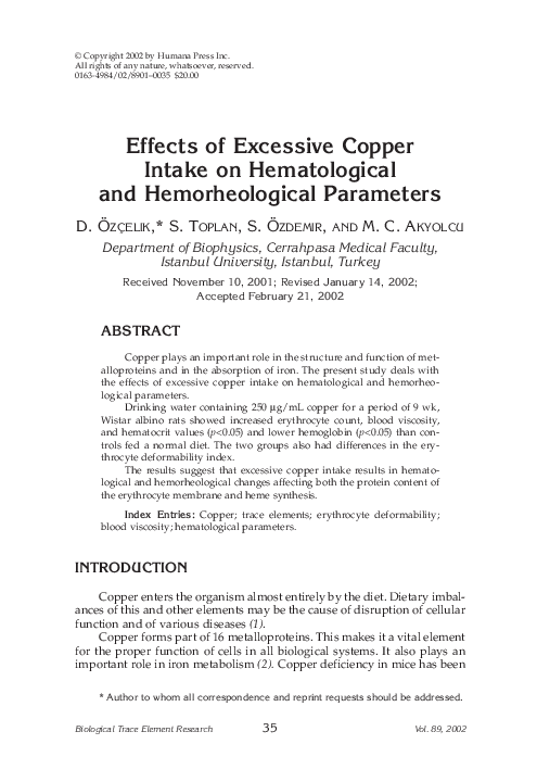 (PDF) Effects of Excessive Copper Intake on Hematological and ...