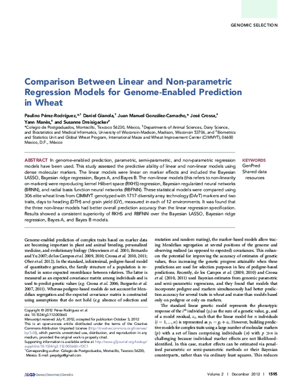 Pdf Comparison Between Linear And Non Parametric Regression Models For Genome Enabled