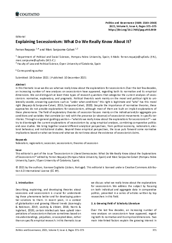 (PDF) Explaining Secessionism: What Do We Really Know About It?