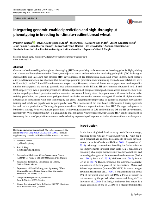 (PDF) Integrating genomic-enabled prediction and high-throughput phenotyping in breeding for ...