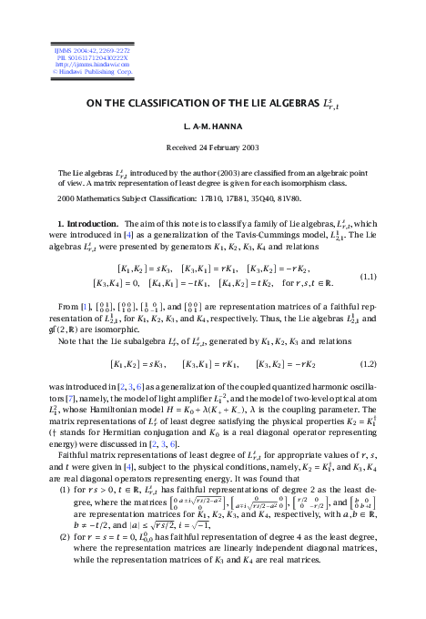 (PDF) On the classification of the Lie algebras Lr,ts