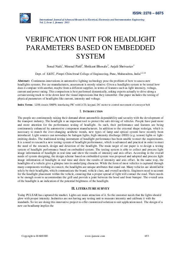 (PDF) Verification Unit for Headlight Parameters Based on Embedded System (PDF) Verification Unit for Headlight Parameters Based on Embedded System