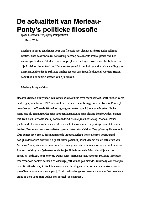 (PDF) De actualiteit van Merleau- Ponty’s politieke filosofie