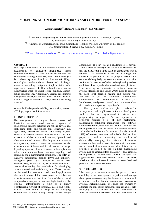 Pdf Modeling Autonomic Monitoring And Control For Iot Systems