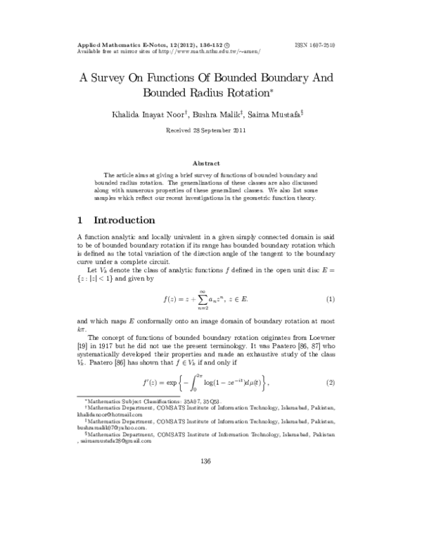 (PDF) A Survey On Functions Of Bounded Boundary And Bounded Radius Rotation