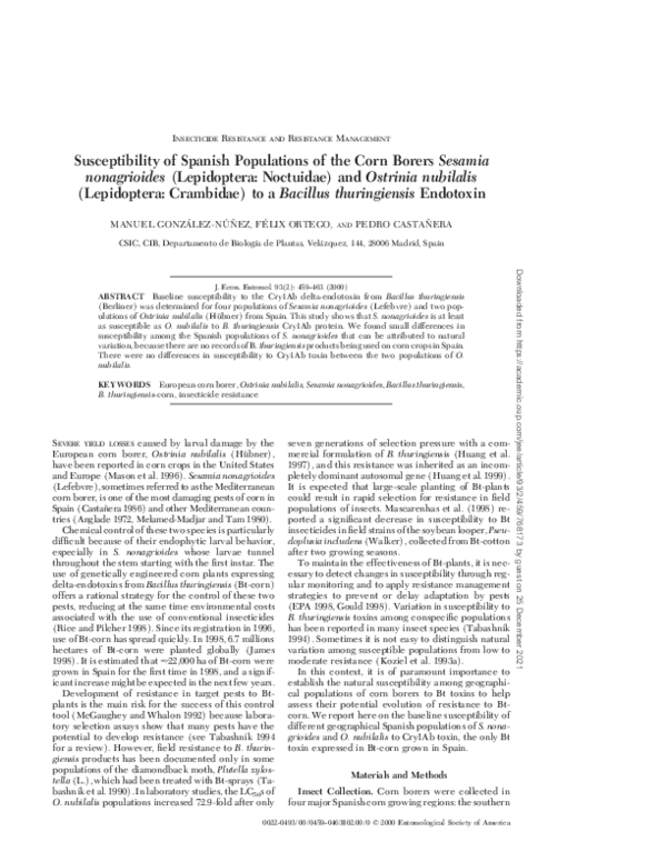 (PDF) Corn Borer Susceptibility to Bt Endotoxin