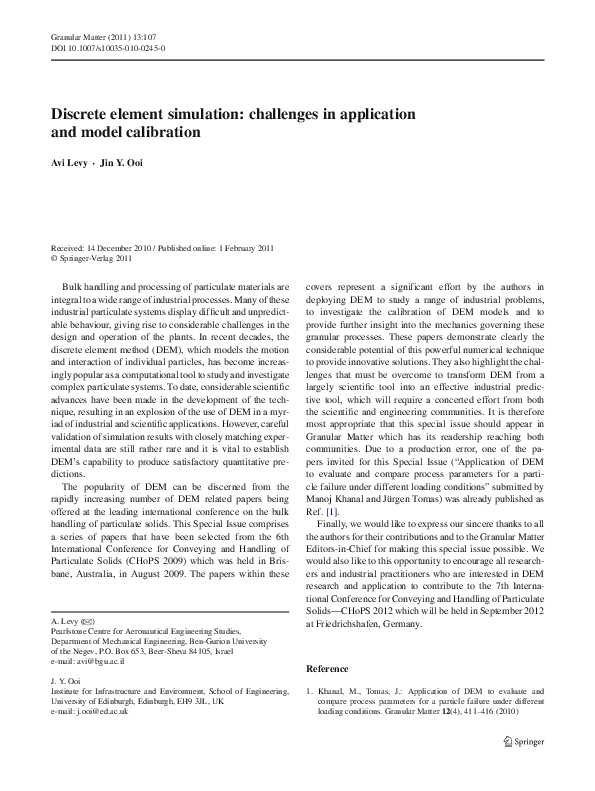 (PDF) Discrete element simulation: challenges in application and model calibration