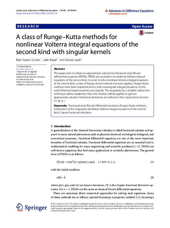 (PDF) A class of Runge–Kutta methods for nonlinear Volterra integral equations of the second ...