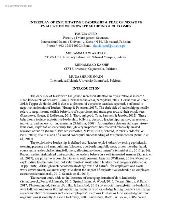 (PDF) Interplay of Exploitative Leadership Fear of Negative Evaluation ...