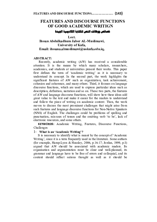 (PDF) Features and Discourse Functions of Good Academic Writign