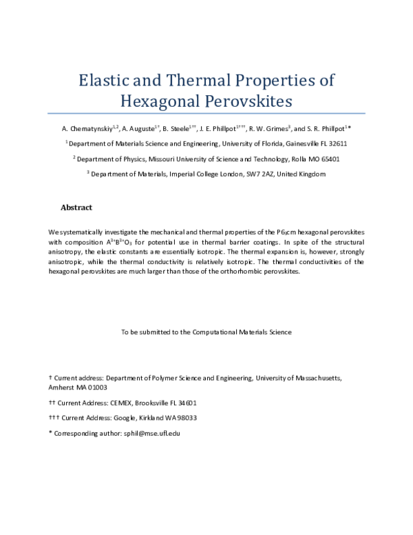 (PDF) Elastic and thermal properties of hexagonal perovskites