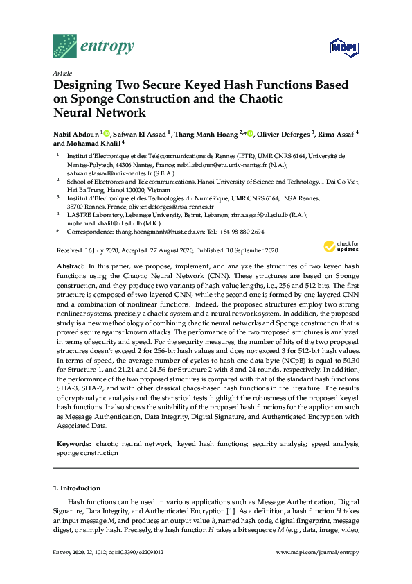 Pdf Designing Two Secure Keyed Hash Functions Based On Sponge Construction And The Chaotic