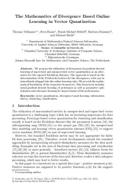 (PDF) The mathematics of divergence based online learning in vector quantization | F.-m. Schleif ...