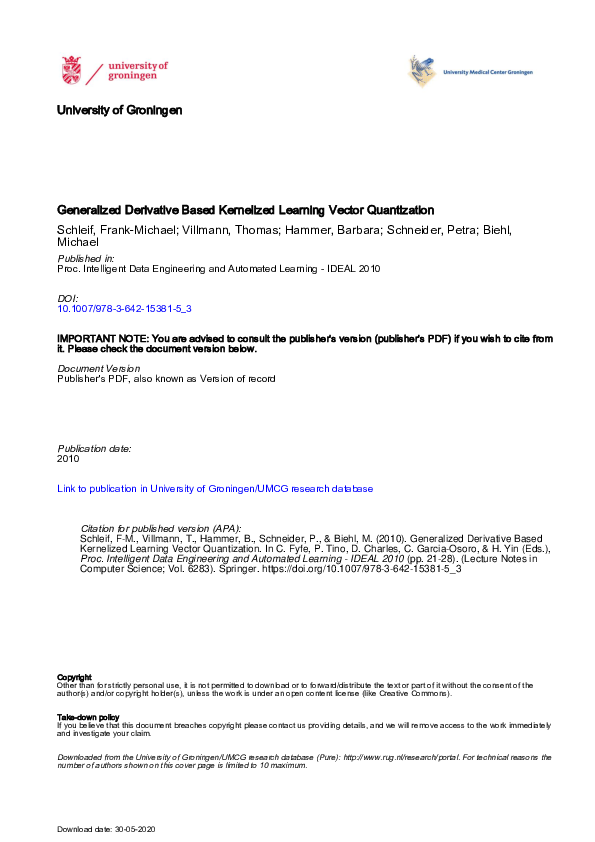 (PDF) Generalized derivative based kernelized learning vector quantization